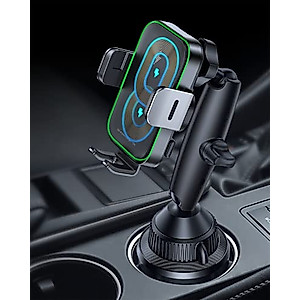 APPS2Car Dual Coil Wireless Car Charger Auto Clamping 15W Cup Holder Phone Mount Wireless Charger Fast Charge Tri-Pivots Height Angle Adjustable Phone Holder for Car Truck iPhone 14 13 Samsung S23 S22