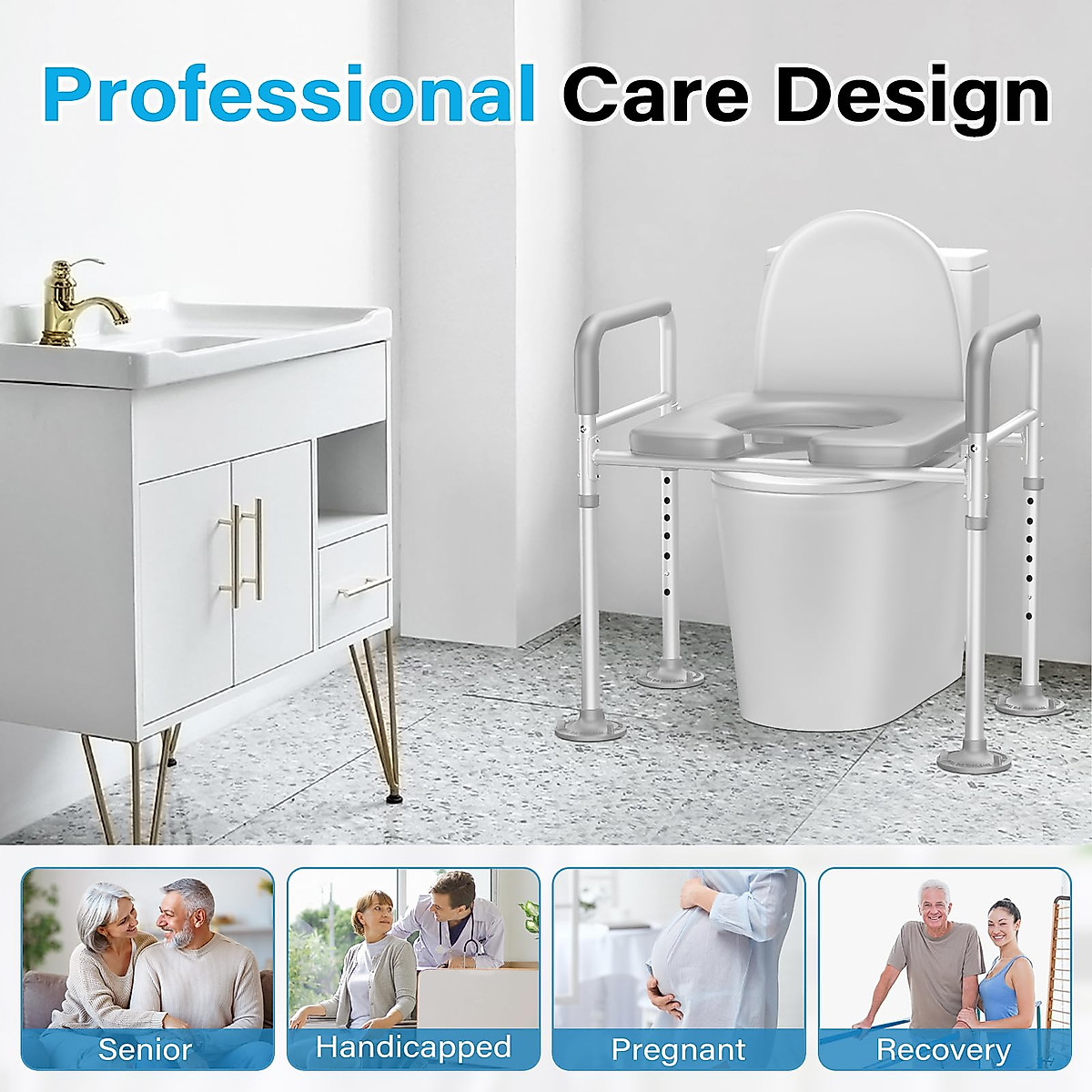 Raised Toilet Seat with Handles, 350lbs 7 Adjustable Height Elevated Toilet Seat Riser with Cozy Padded, Toilet Safety Frame Toilet Helper for Seniors, Handicap, Pregnant, Fit Any Toilet