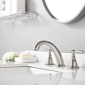 Phiestina 8 Inch 3 Holes Brushed Nickel Low Arc Widespread Bathroom Sink Faucet, 2 Handles Bathroom Faucet with Stainless Steel Pop Up Drain, WF008-4-BN