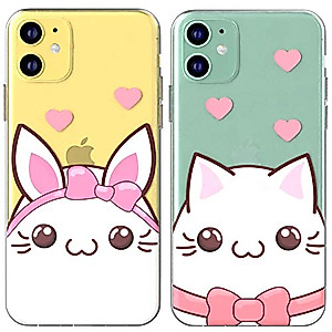 Toik Matching Couple Cases for Apple iPhone 11 Pro Xs Max Xr 10 X 8 Plus 7 6s 5s SE Kawaii Flexible Design Cat Clear Girlfriend Cute TPU Lovely Protective Gift Print Silicone Bow Bunny