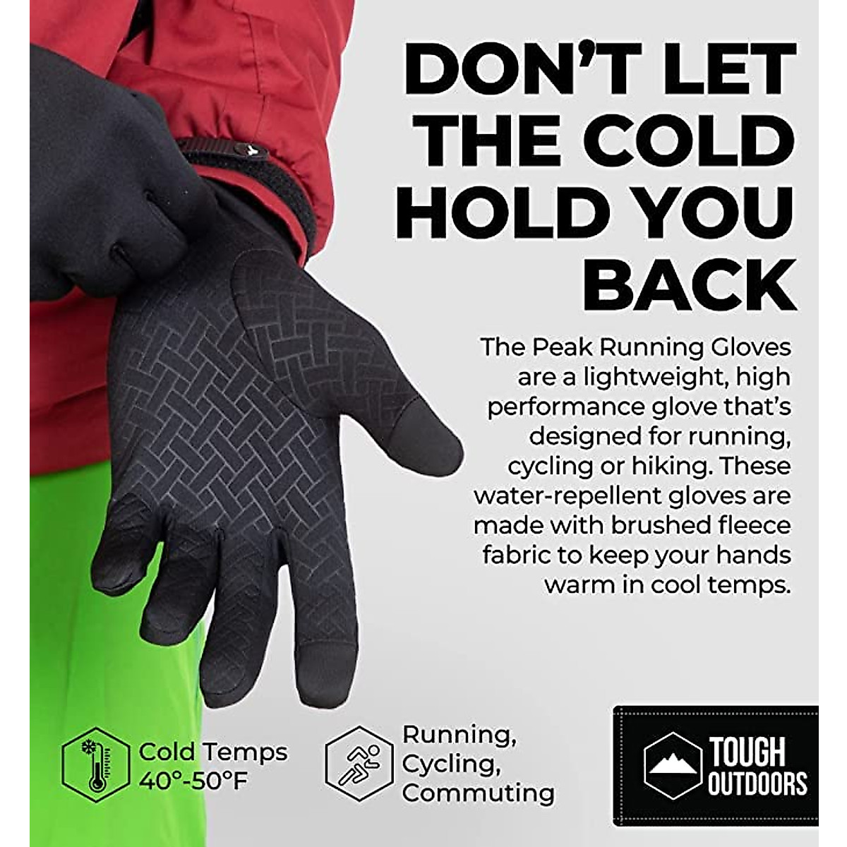 Tough Outdoors Running Gloves with Touch Screen - Black Winter Glove Liners for Texting, Cycling, Driving for Men & Women - Thin, Lightweight & Warm Cold Weather Thermal Sports Gloves