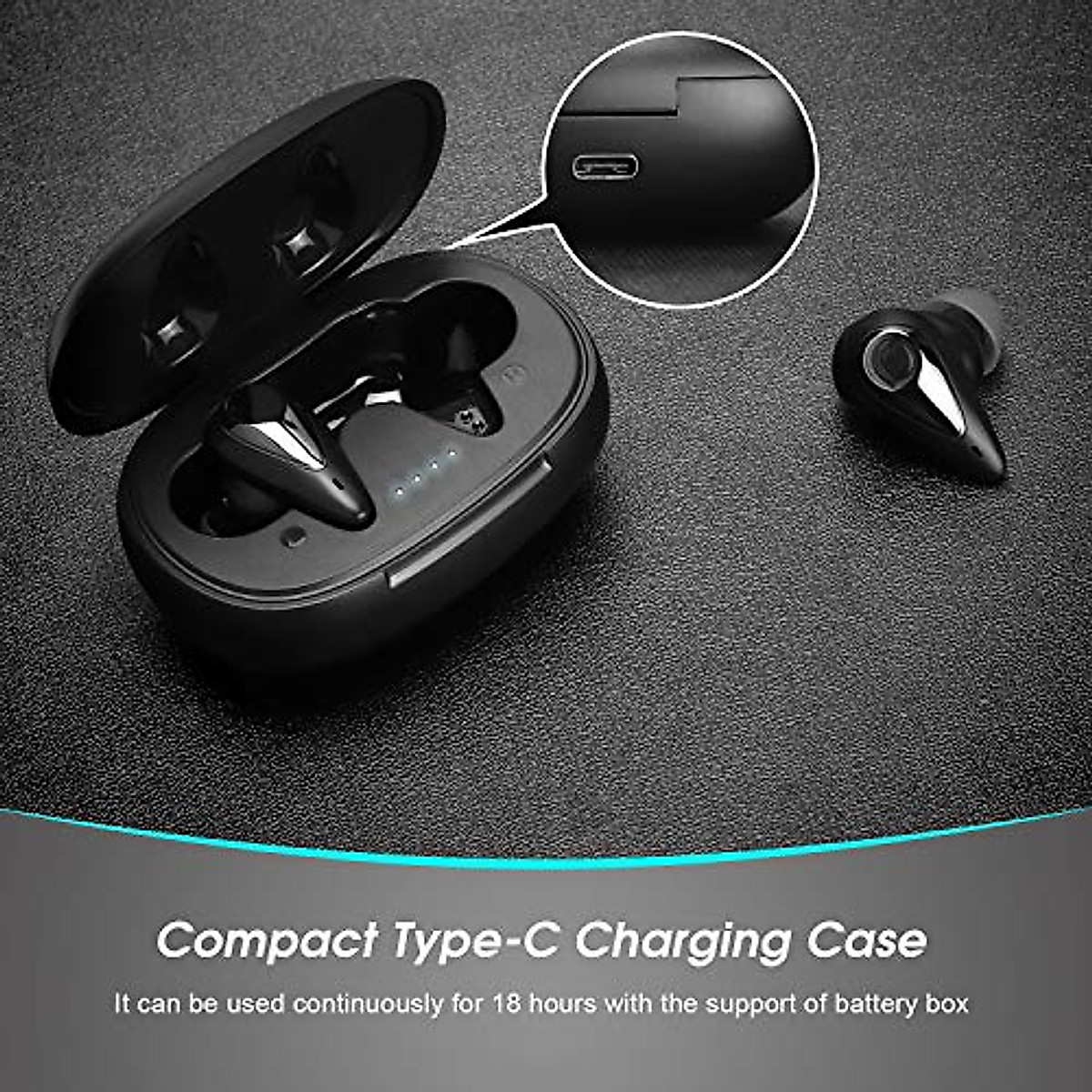 August True Wireless Earbuds EP810 - Bluetooth 5.0 True Wireless Stereo Headphones Touch Control with Type-C Charging Earphones Powerful Bass - iPhone and Android Compatible - Black