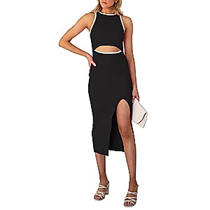 Pink Queen Women's Sleeveless Bodycon Dresses Crew Neck Cutout Side Slit Club Knit Midi Dresses Black L