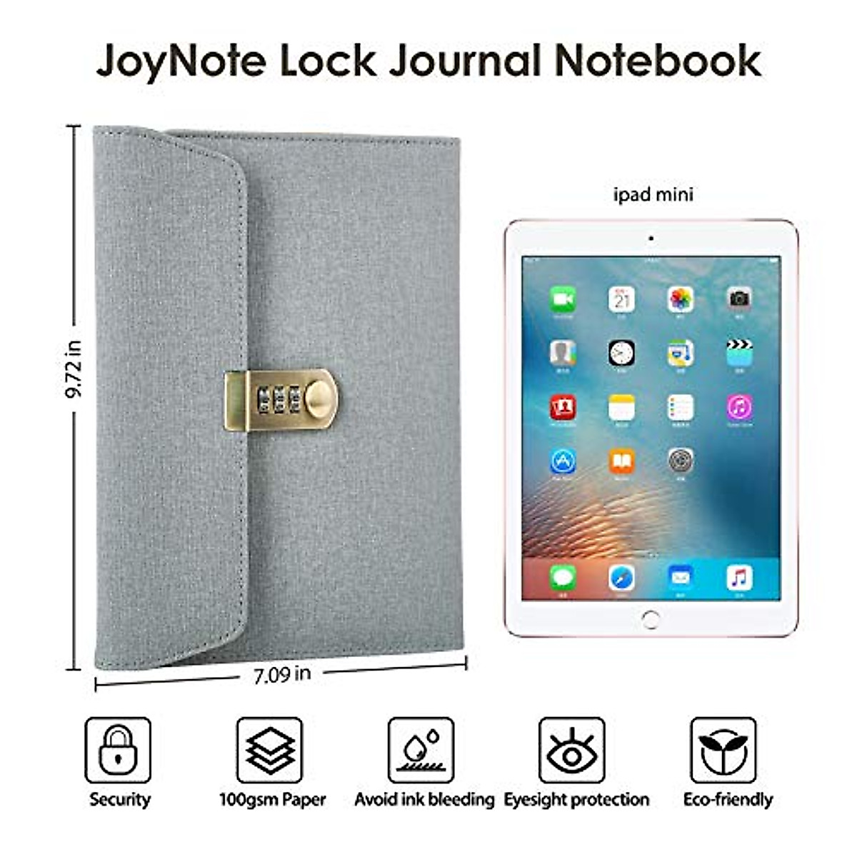 JoyNote Journal with Lock for Women, 2-in-1 Lock Journal with Combination Digital Password, Locking Diary Journal with 4 Card Slots, Pen Holder, 95 Sheets/190 Pages A5 Papers, Light Grey