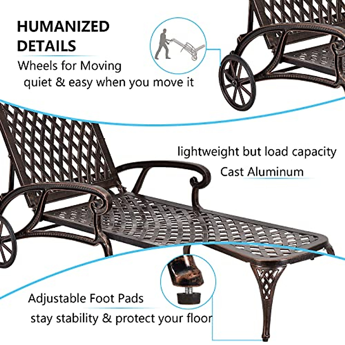 ROIYEIER Lounge Chairs for Outside, Chaise Lounge Outdoor Set of 2 Cast Aluminum with Adjustable Backrest and Moveable Wheels for Poolside Backyard Patio, Bronze