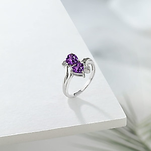 Gem Stone King 925 Sterling Silver Purple Amethyst and White Diamond Ring For Women | 1.63 Cttw | Heart Shape 6MM | Gemstone February Birthstone | Available In Size 5, 6, 7, 8, 9