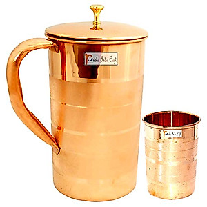 Copper Pitcher and 2 Tumbler Set, Pure Copper Jug, Handmade, 54 Ounce, Best for Water, Ayurveda, Moscow Mule, Cocktails