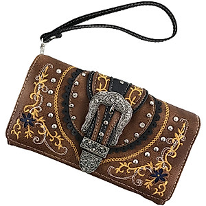 Justin West Concealed Carry Laser Cut Tritone Flower Embroidered Vines Leaves Tooled Flower Buckle Crossbody Messenger Handbag | Trifold Wallet (Brown Trifold Wallet ONLY)