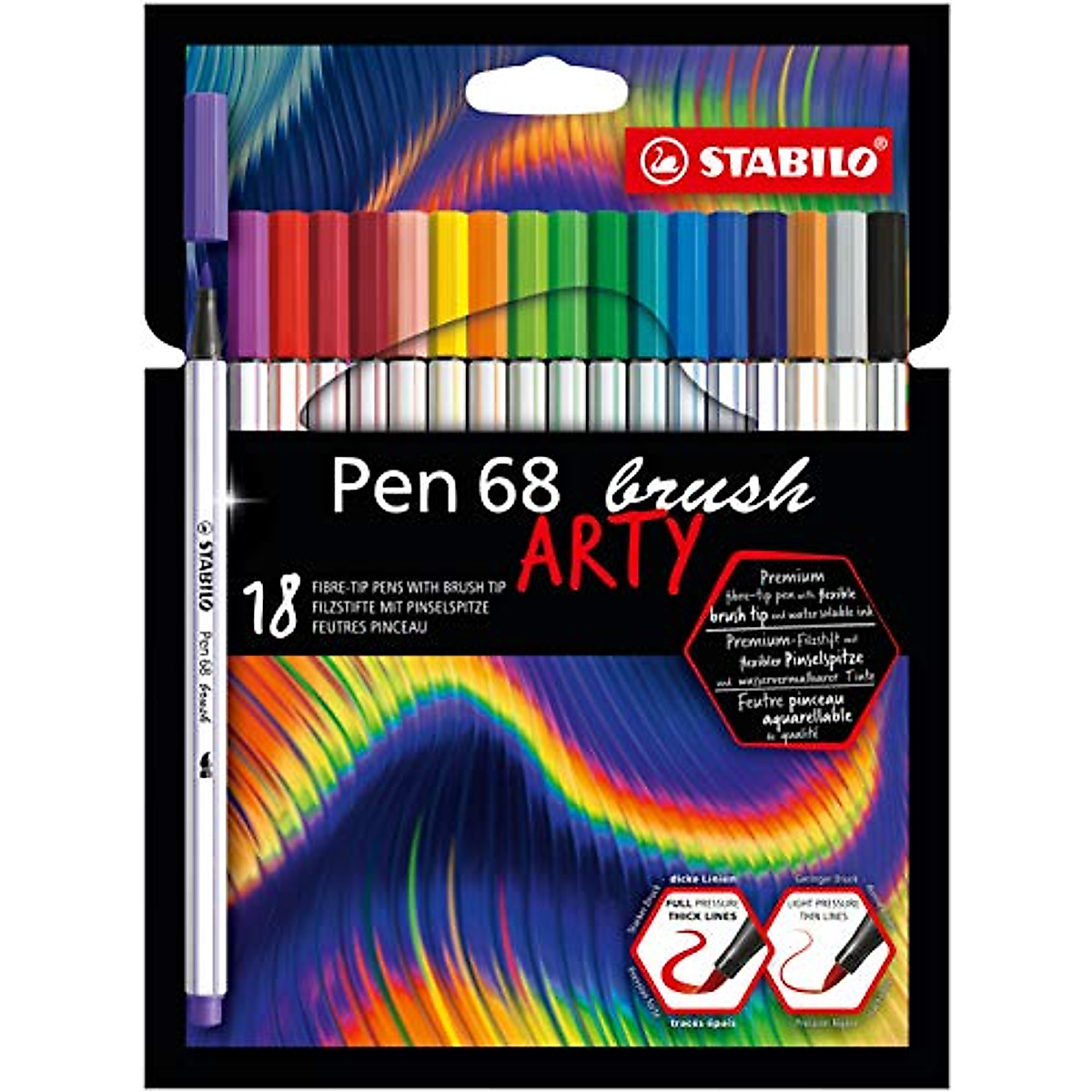 STABILO Premium Fibre-Tip Pen - Pen 68 brush ARTY - Wallet of 18 - Assorted Colours