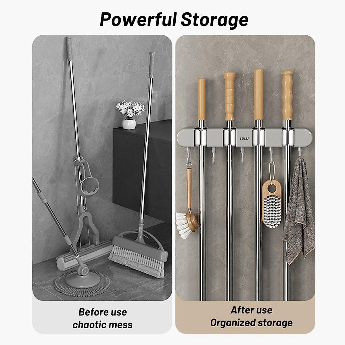 BBASILIYSD Punch Free Multifunctional Mop Holder,Multifunctional Mop Holder with Hook, Wall Mount Self Adhesive Broom,Broom Handle Holder with 3/4/5 Holders,for Kitchen, Bathroom, Garage