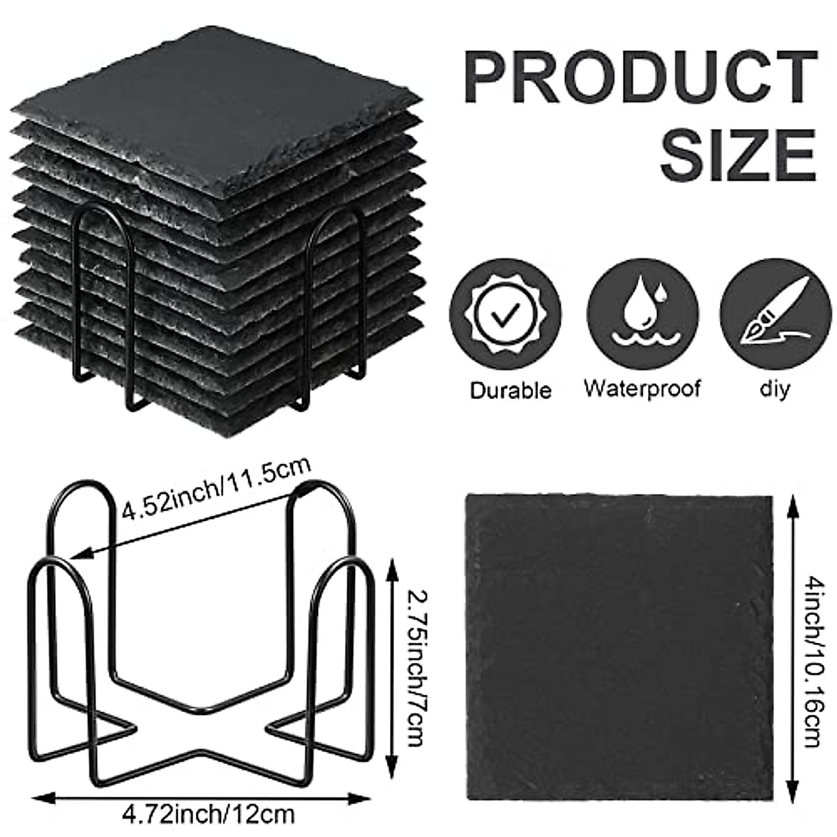 24 Pieces Black Slate Coasters with Holder Square Stone Coasters for Drinks 4 x 4 Inch Rustic Handmade Bar Coasters Set with Anti Scratch Bottom for Coffee Table Kitchen Home