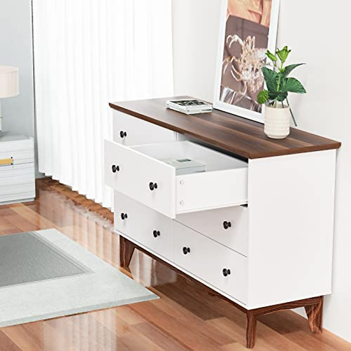 JOZZBY 6-Drawer Double Dresser with Wide Drawers,White Dresser for Bedroom, Wood Storage Chest of Drawers for Living Room Hallway Entryway