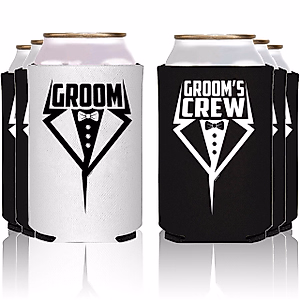 Groom and Groom's Crew Tuxedo Insulated Can Coolie Coolers (Groom + Groom'sCrew Tux - 6 Pack)