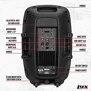 LyxPro 15 Inch PA Active Speaker System Compact and Portable with Equalizer, Bluetooth, MP3, USB, SD Card Slot, XLR, 1/4”, 3.5mm Input, Carry Handles, SPA-15