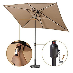 Aok Garden 6.5FT × 10FT Solar LED Lighted Patio Umbrella with Push Button Tilt and Sturdy Aluminum Ribs for Deck Lawn Pool & Backyard - Coffee