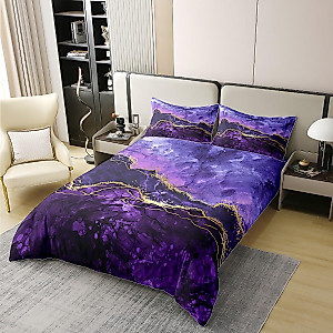 100% Organic Cotton Purple Marble Bedding Set Abstract Gold Purple Comforter Cover,Iridescent Ink Fluid Art Duvet Cover Marbling Modern Luxury Elegant Art Decorative Patchwork Quilt Cover King