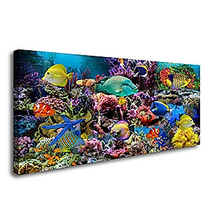 D72674 Great Barrier Reef Colorful Coral and Fish Large Wall Decor Canvas Wall Art Artwork Painting Ocean Decor for Living Room Bedroom Bathroom Decoration
