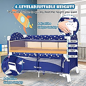 Heyo.Ja Portable Baby Playard, 4 in 1 Convertible Pack and Play with Bassinet, Nursery Center with Comfortable Mattress, 5 Height Adjustable Bedside Crib, Starry Sky Fence (Navy)