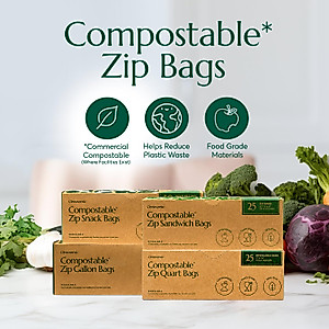 Cleanomic Compostable* Food Storage Bag Bundle – 1 Box Each of 25 Zip Quart Bags, 25 Zip Sandwich Bags, 50 Zip Snack Bags, and 25 13-Gallon Kitchen Waste Bags