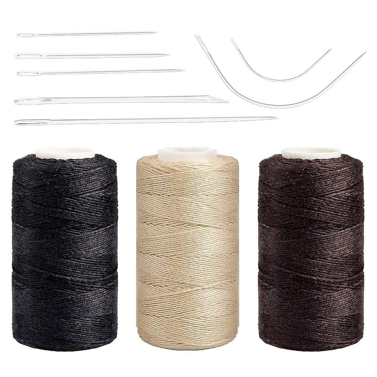 3 Rolls Hair Weaving Threads, Sewing Threads with 7 Pieces C/J/I Shaped Needles Sewing Waxed Thread for Hand Sewing, Hair Extensions, Making Wigs DIY
