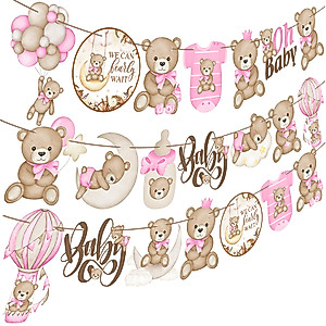 Pink We Can Bearly Wait Baby Shower Banners Bear Baby Shower Party Decorations Bear Banner for Baby Shower Teddy Bear Cutout Banner for Girls Bear Birthday Party Supplies