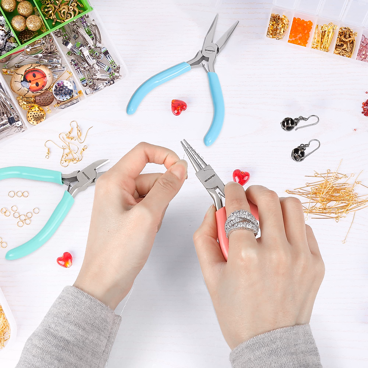 WORKPRO Jewelry Pliers Set, 3 Pack Jewelry Making Tool Kit Includes Mini Needle Nose Pliers/Chain Nose Pliers, Round Nose Pliers and Wire Cutter for Jewelry Repair, DIY Crafts, Jewelry Making Supplies