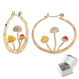 Emoin Mushroom Earrings For Women,Mushroom Hoop Dangle Earrings, Gold Hoop Earring Mushroom Dangle,Mushroom C-shaped Big Earrings For Women Girls Gift,Earrings Pendant Mushroom Jewelry Accessories