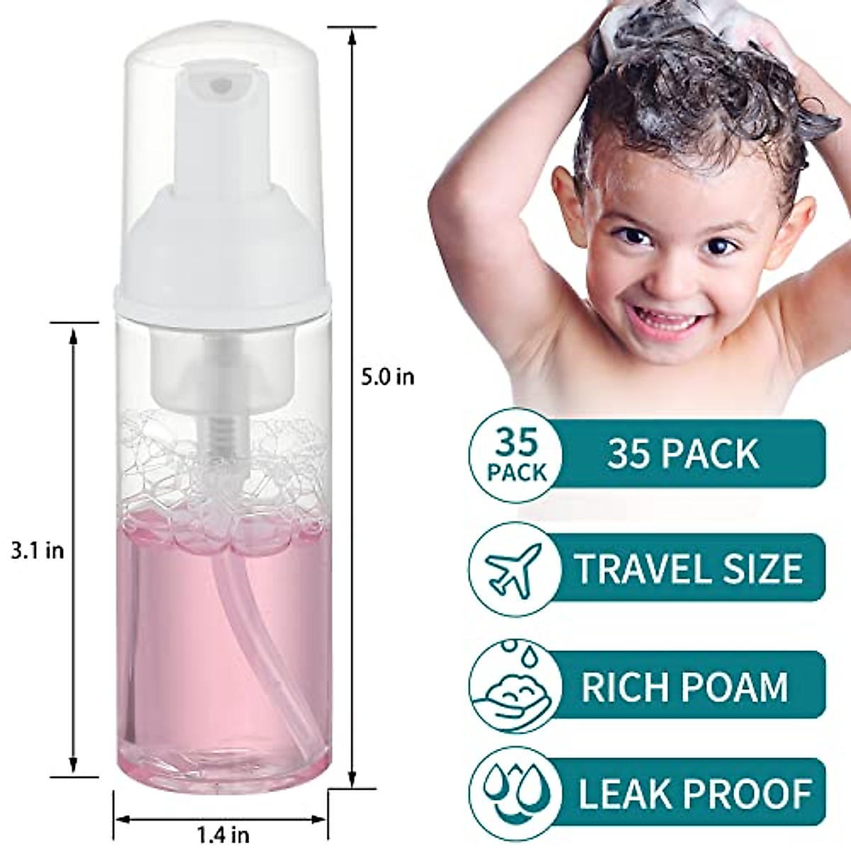 35 Pack Plastic Foam Bottles Travel Soap Dispenser Bottles with Pump Mini Liquid Foaming Soap Bottles for Refillable Hand Sanitizer Lash Cleanser Shampoo Castile Clear(2 oz)