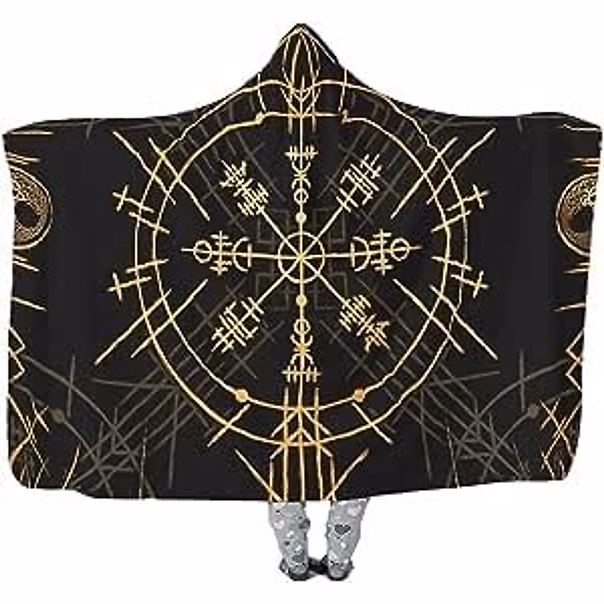 BURNAR Medieval 3D Printing Hooded Blanket Warm Compass Vegvisir Tree of Life Compass Rune Unisex Winter Wearable Hooded Blanket Double Thick Plush Wool Blanket (Color : A, Size : 80x60in/150x200cm)