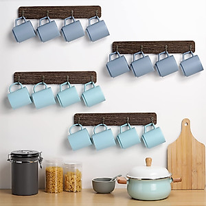 LIANTRAL Coffee Mug Holder, Set of 4 Rustic Wall Mounted Cup Hanging Rack Organizer with 16 Hanger Hooks for Home Decor, Coffee Nook (Brown)