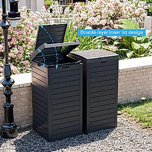 MAIUSCOLI Outdoor Trash Can with Lid, Outdoor Trash Bin & Pull-Out Liquid Drawer, Dual Lid Closure Design, Waterproof Resin Garbage Can Container for Patio, Backyard, Deck (Black, 31)