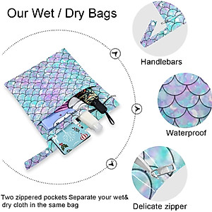 visesunny 2Pcs Wet Bag with Zippered Pockets Beautiful Rainbow Mermaid Scale Washable Reusable Roomy for Travel,Beach,Pool,Daycare,Stroller,Diapers,Dirty Gym Clothes, Wet Swimsuits, Toiletries