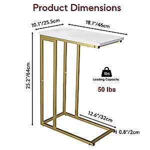 Yusong C Shaped End Table, Couch Side Table That Slide Under Sofa Bed, Small Table for Small Spaces, Skinny Overbed Table, Coffee Drink Laptop Snack Table for Living Room, Gold and Marble White