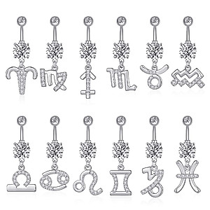 14G Dangle Belly Zodiac Signs Button Ring Silver Plated Clear CZ Zircon Stainless Steel Cute Belly Piercing Jewelry Pisces