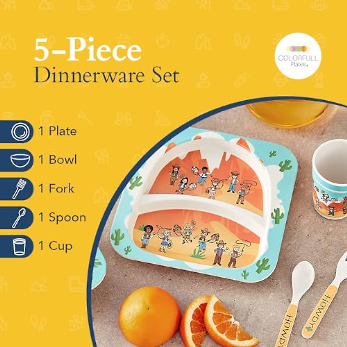 5 Piece Kids Dinnerware Set, Western Cowboys Themed Kids Utensils Set, Bamboo Fiber Plate, Bowl & Cup, Lightweight & Shatterproof Toddler Feeding Set, Children Safe Kitchen Set, Fun Toddler Utensils