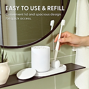 Maisonovo Stone Bathroom Toothbrush Holder Set – Qtip Holder, Cotton Ball & Cotton Rounds Holder, Countertop Toothbrush & Toothpaste Cup W/Stand & Tray, Qtip Container, Cotton Swab Organizer - White