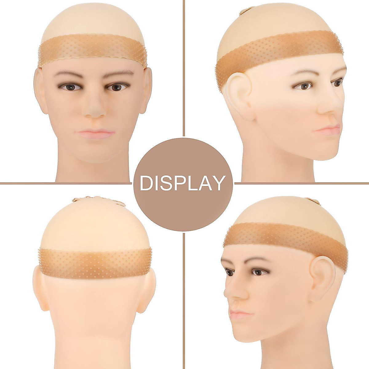 WILLBOND 4 Pieces Nylon Wig Caps and Silicone Stretchy Wig Grip Band Set Seamless Non-slip Headband Adjustable for Women(White and Light Brown, Skin Color)