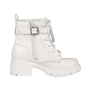 Kassie Daniela ~ Pouch ~ Kids Lug Sole Mid Shaft Chunky Heel Fashion Combat Lace up Bootie W/Side Zipper & Pouch Girl Boots (WHITE, 1)