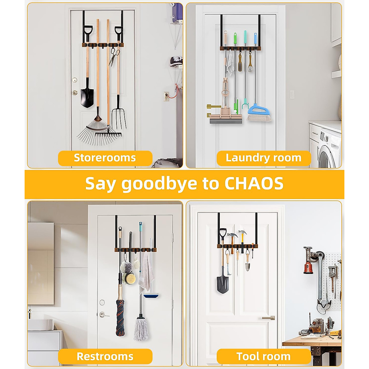 Broom Holder Over The Door - Wood Mop and Broom Holder Wall Mounted or Hanging Over The Door with Hooks - Broom Hanger, Broom Storage Tool Organizer with 4 Racks and 3 Hooks for Garage Closet Laundry