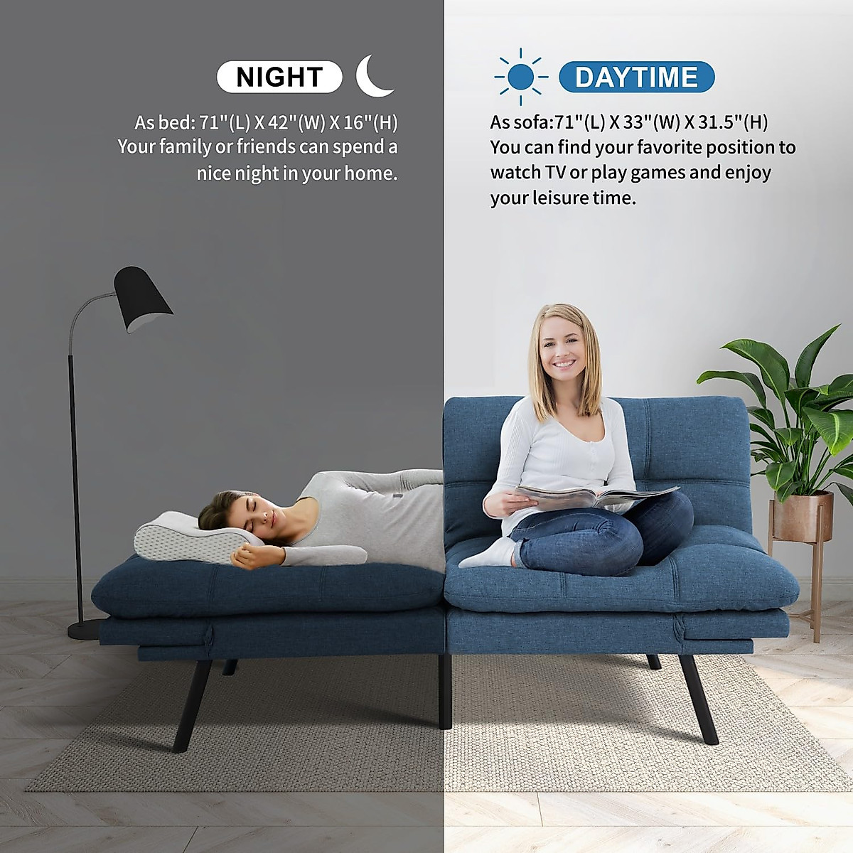 MUUEGM Futon Couch Convertible Memory Foam Sleeper Futon Sofa Bed, Adjustable Backrest Armrest Folding Futon, Modern Fabric Sofa Bed for Living Room, Apartment, Office, Small Room, 71” Blue