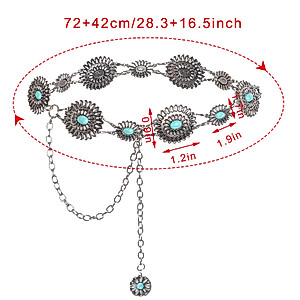 Topbuti Western Metal Oval Concho Chain Belt for Women Cowgirl Turquoise Waist Chain Belt for Dresses Jeans Western (Green)