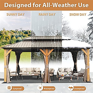 12'x20' Hardtop Gazebo, Outdoor Cedar Wood Frame Canopy with Galvanized Steel Double Roof, Outdoor Permanent Metal Pavilion with Curtains and Netting for Patio, Backyard and Lawn(Brown)