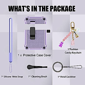 [5 in 1] Case for Airpods 2/1 with Lock, Carbon Fiber Secure Lock Clip PC+TPU Shockproof Protective AirPods Cover Case for Women for AirPod 1st and 2nd Gen with Fashion Candy Keychain(Purple)