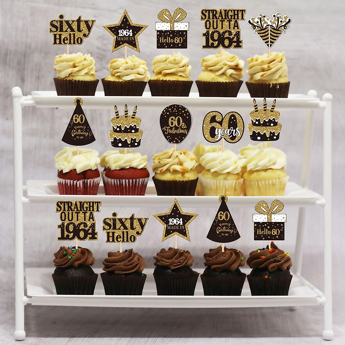 36PCS Happy 60th Birthday Cupcake Toppers Double Sided Black Gold Sixty Hello 60 Straight Outta 1964 Cupcake Picks 60 Fabulous Cheers to 60 Years Cake Decorations for 60th Birthday Party Supplies