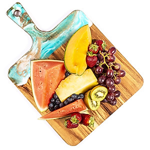 Large wooden charcuterie Board, Paddle 11.5 in x 11.5 in plus 5in Handle, Serving Platter, Cheese Board and Knife Set in Gift box. Charcuterie board, Handmade Ocean themed Epoxy Resin