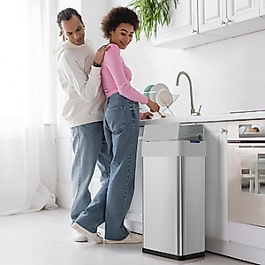 Arlopu 18.5 Gal Automatic Trash Can, 70L Stainless Steel Motion Sensor Garbage Bin, Touchless Brushed Wastebasket, W/Butterfly, Soft-Close Lid, for Living, Dinning Room, Kitchen (Silver)