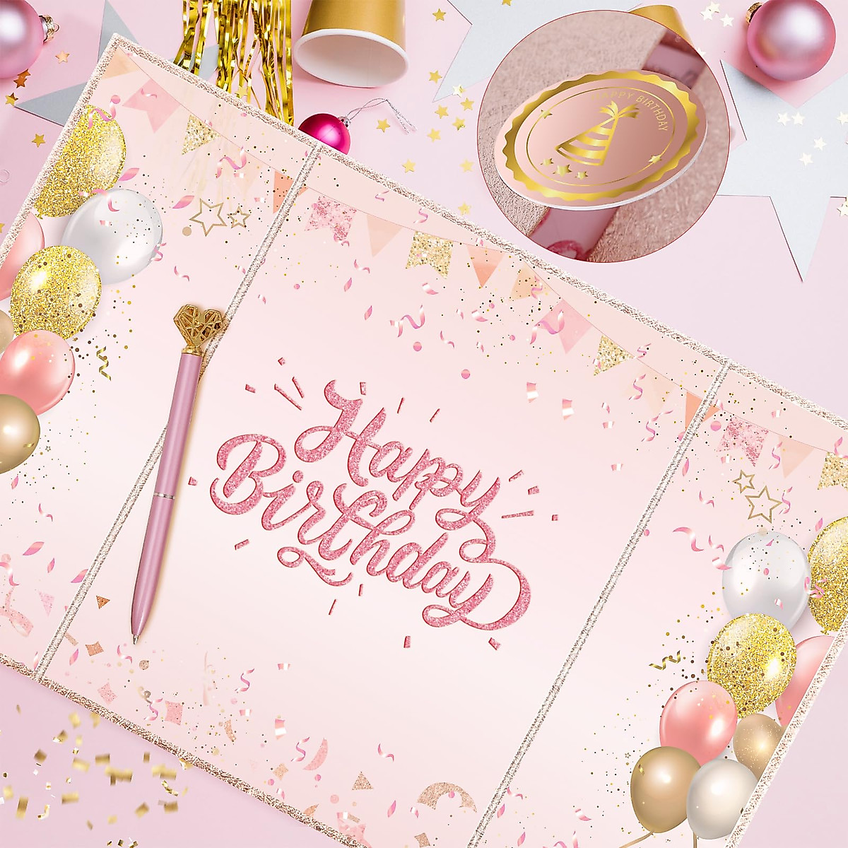 Tnvee Birthday Party Guest Book Birthday Decorations for Women & All Ages, Large 19" x 12.2" Rose Gold Signature Card Board Party Supplies Gifts