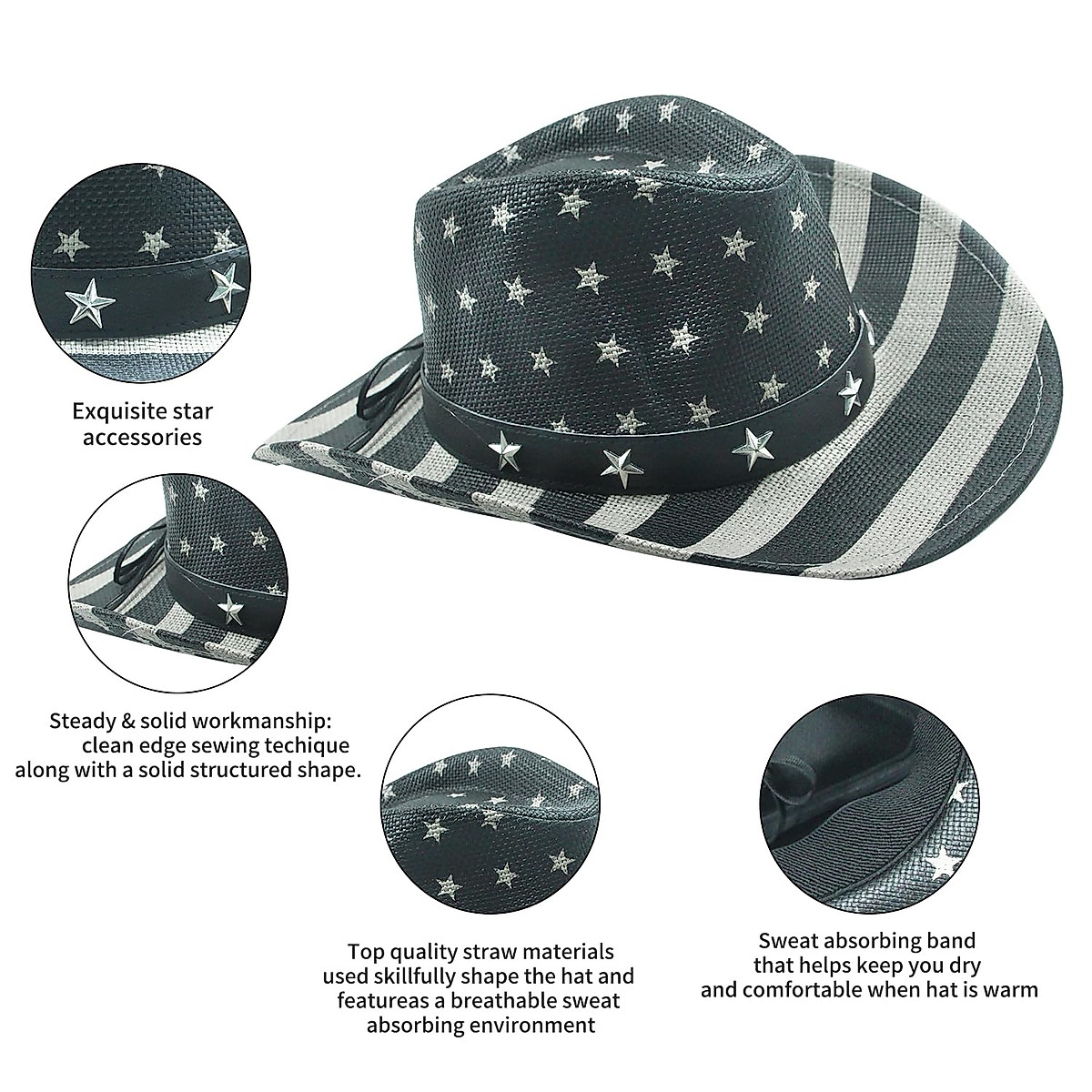 Vamuss Vintage USA American Flag Cowboy Hat w/Western Shape-It Brim (Black-Grey)
