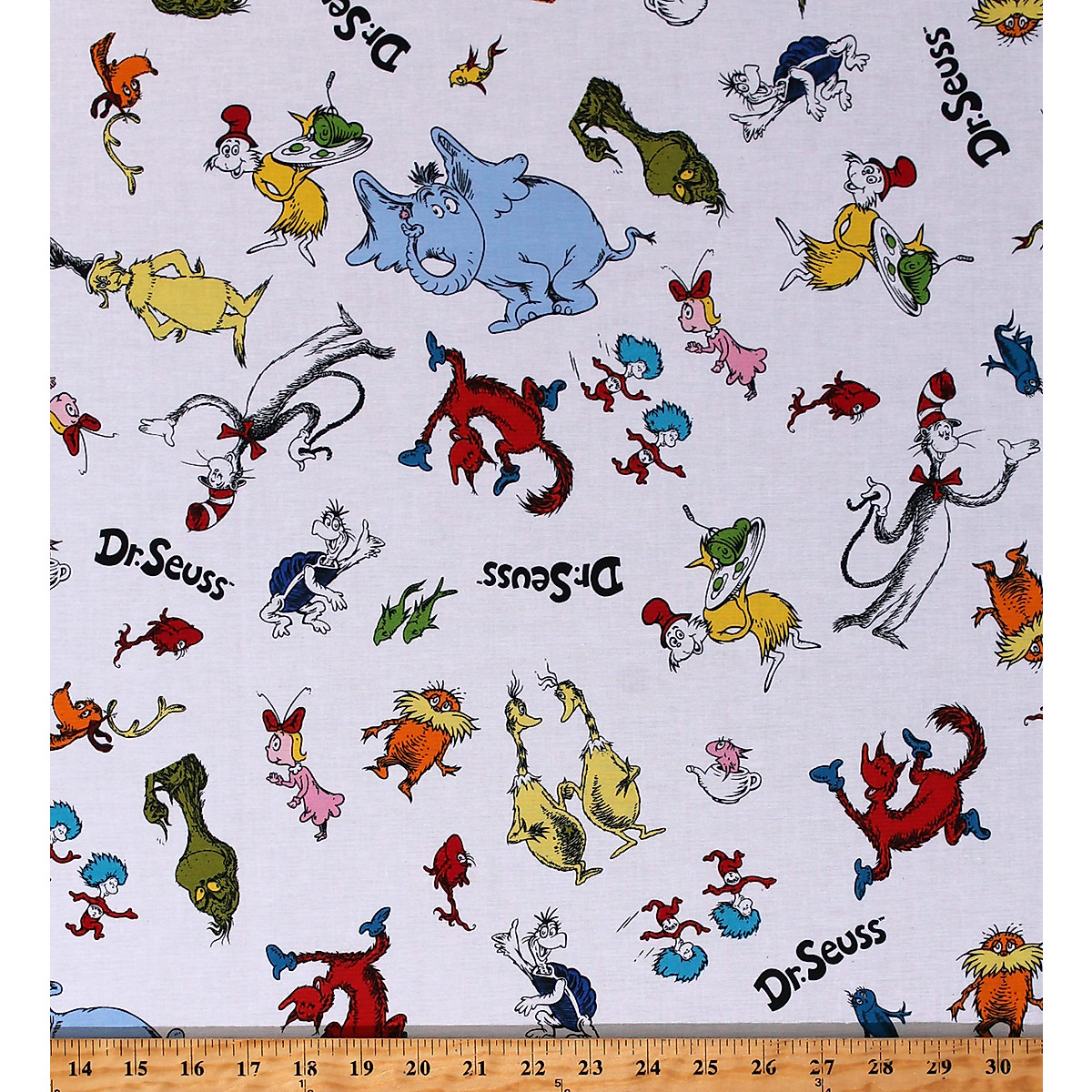 Fields Cotton Dr. Seuss Characters Horton Hears a Who Cat in The Hat Gren Eggs and Ham Lorax Children's Books Celebrate Seuss! White Fabric Print by Yard (ADE-10790-204PRIMARY), 44 Inches