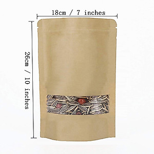 oUUoNNo 50 Pcs 7"X10" Stand Up Kraft Paper Bag, Reusable Zip Lock Sealing With Notch Matte Transparent Window Bags, All Purpose Storing Food Storage, Ideal for Coffee Beans, Nuts, Biscuits DIY